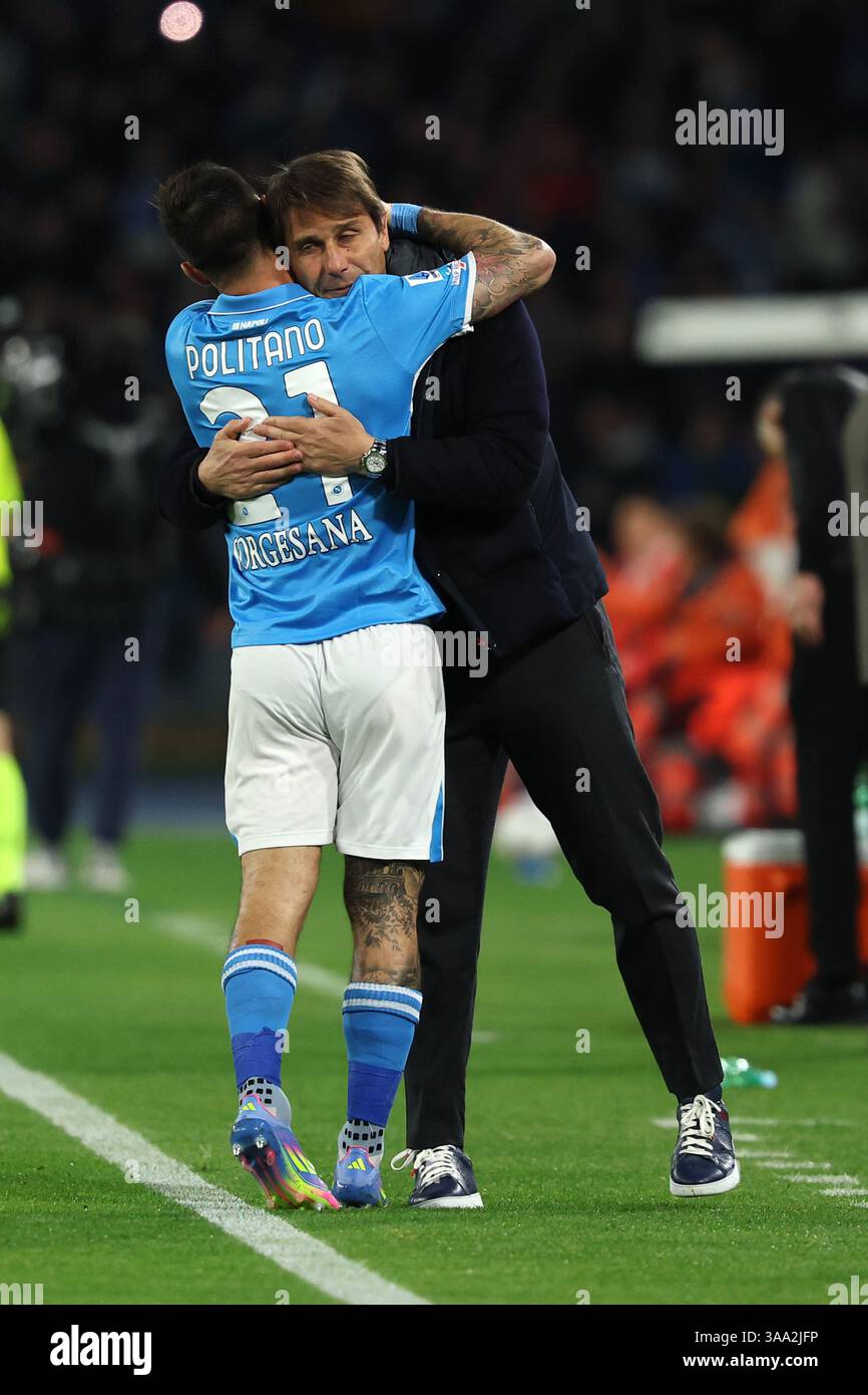Napoli, Italia. 30th Mar, 2025. Napoli's Matteo Politano, Napoli's head ...