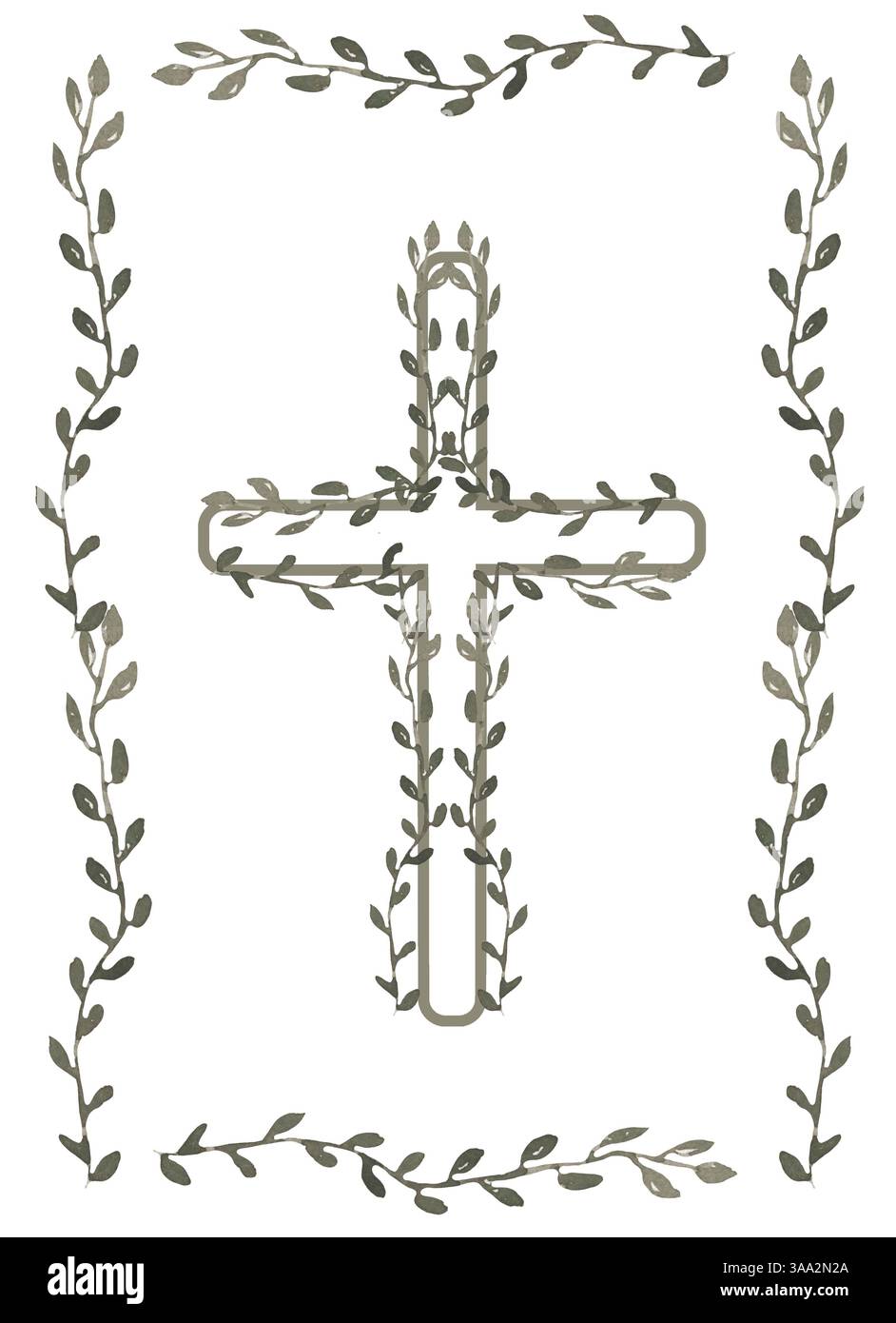 Watercolor Easter cross with greenery and leaves branch frame clipart ...