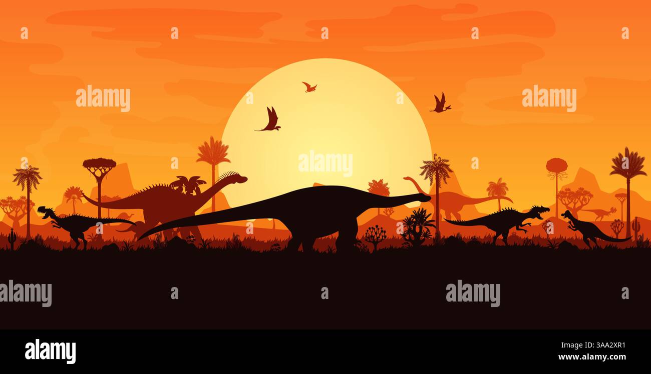 Prehistoric dinosaurs silhouettes on sunset landscape with trees and ...