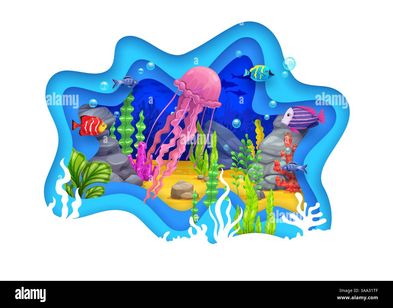 Paper cut underwater landscape with jellyfish. 3d vector wavy layered ...