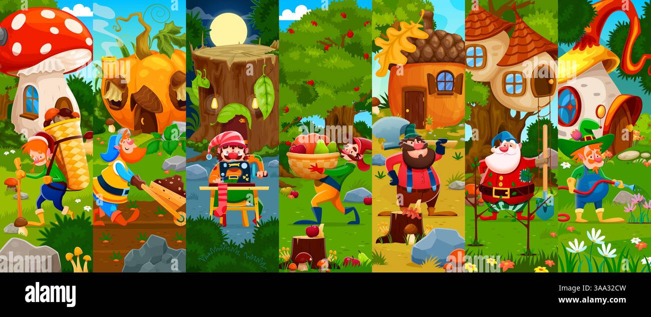 Garden gnome and dwarf characters collage with cute fairytale elves and ...
