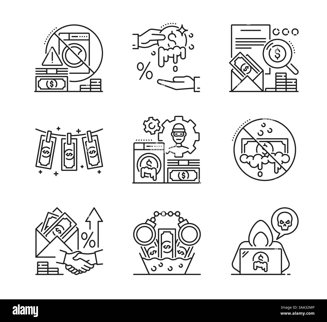 AML anti money laundering icons of economic crime and financial fraud ...