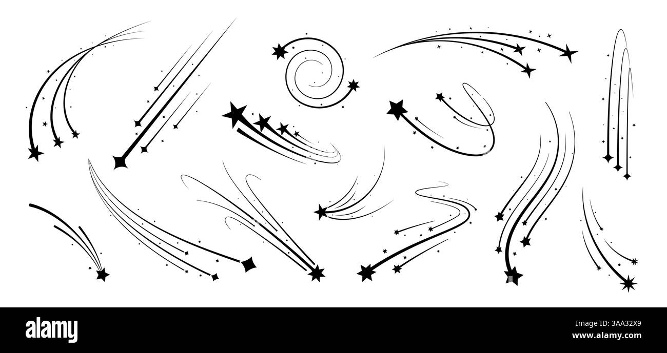 Shooting sky stars, meteors and comets with tails and speed trail lines ...