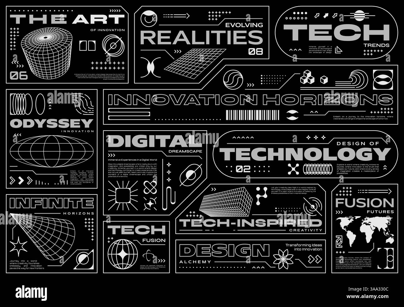 Retro futuristic cyberpunk labels with abstract technology shapes and ...