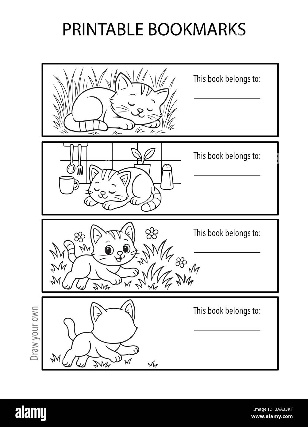 Cute printable color yourself bookmarks playful cats kittens ...