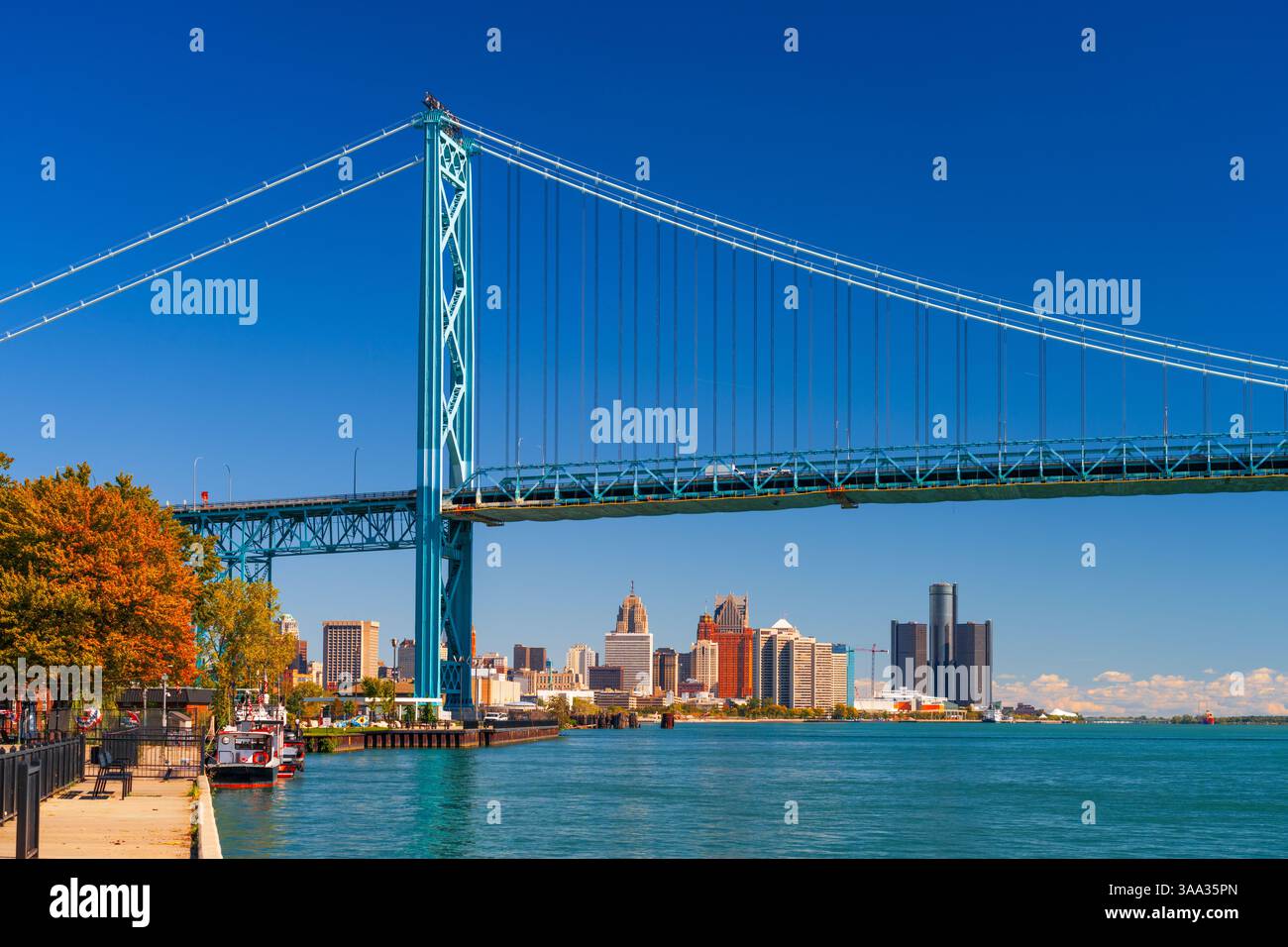 Detroit, Michigan, USA with the Ambassador Bridge which spans to ...