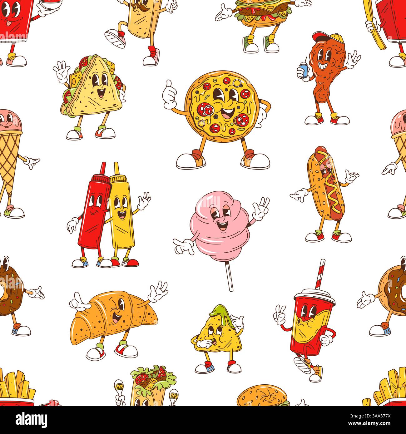Groovy fast food characters seamless pattern with funny snacks and ...