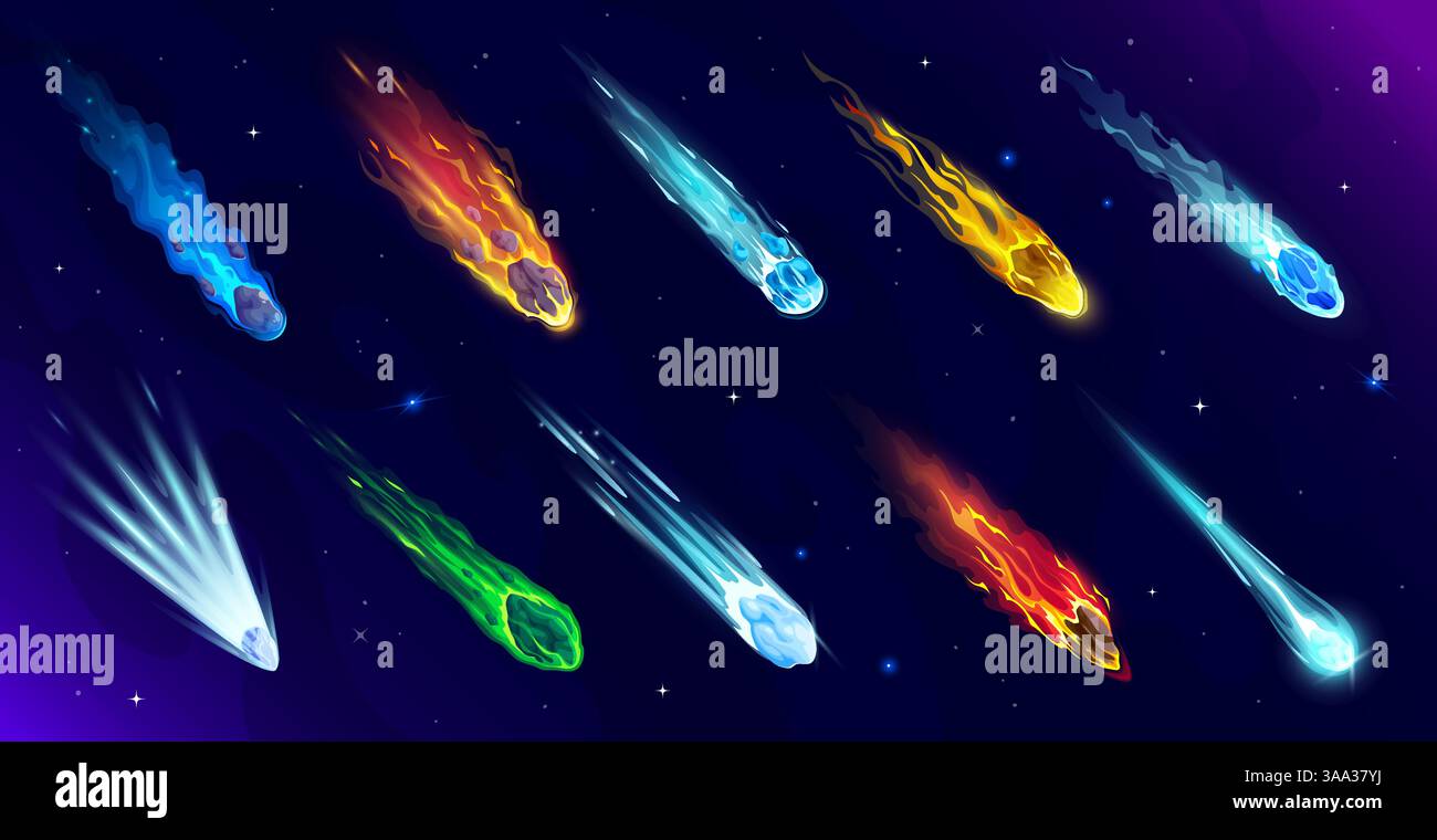 Falling space comets, meteors and asteroids on starry galaxy sky vector ...