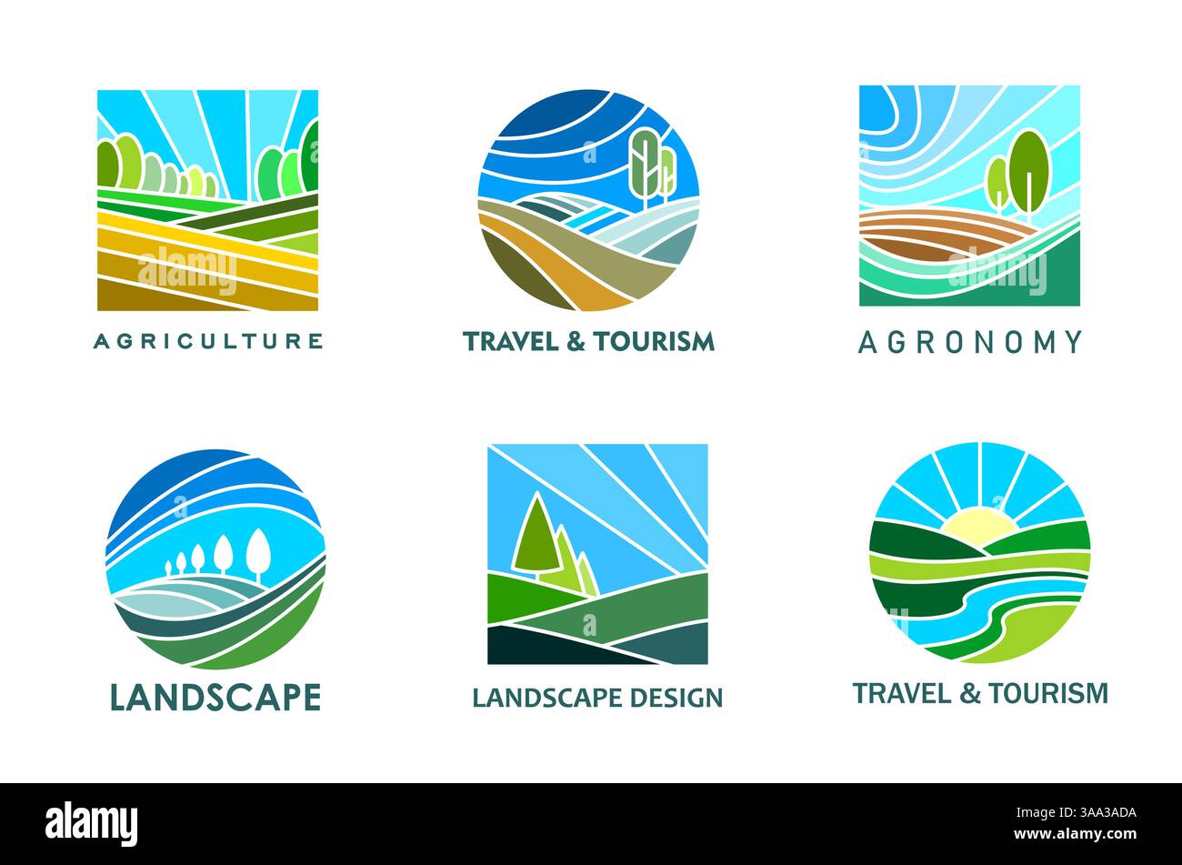 Lawn and farm landscape icons for agriculture or travel and tourism ...