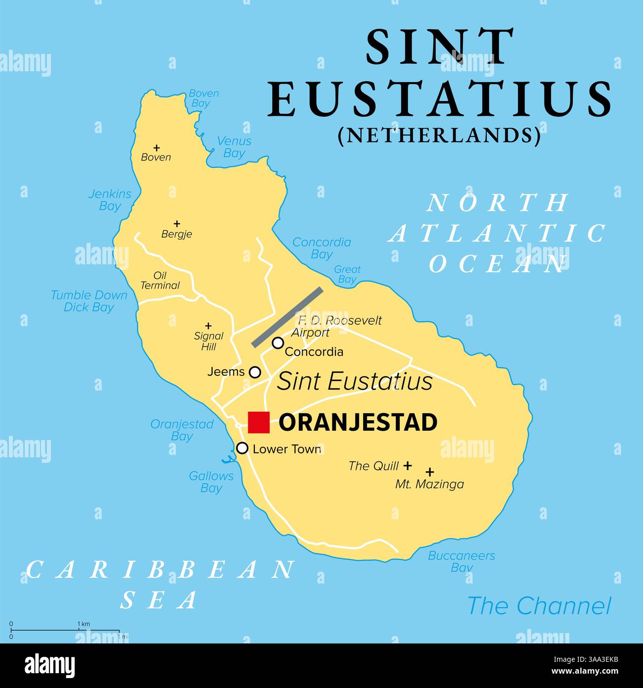Sint Eustatius, island of the Caribbean Netherlands, political map with ...