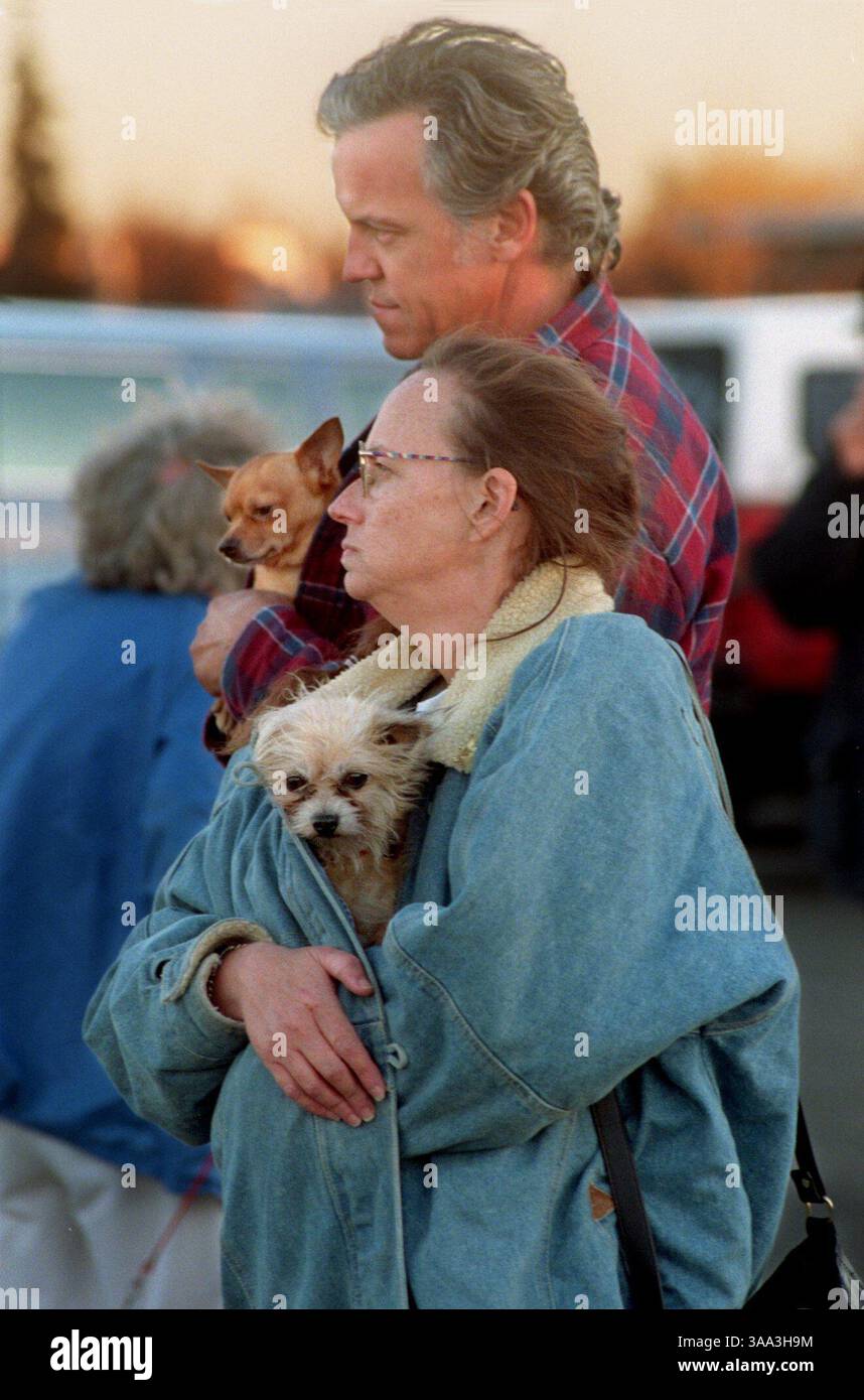John and Sequin Santo shield their dogs, Teddy Bear, left and Gizmo ...