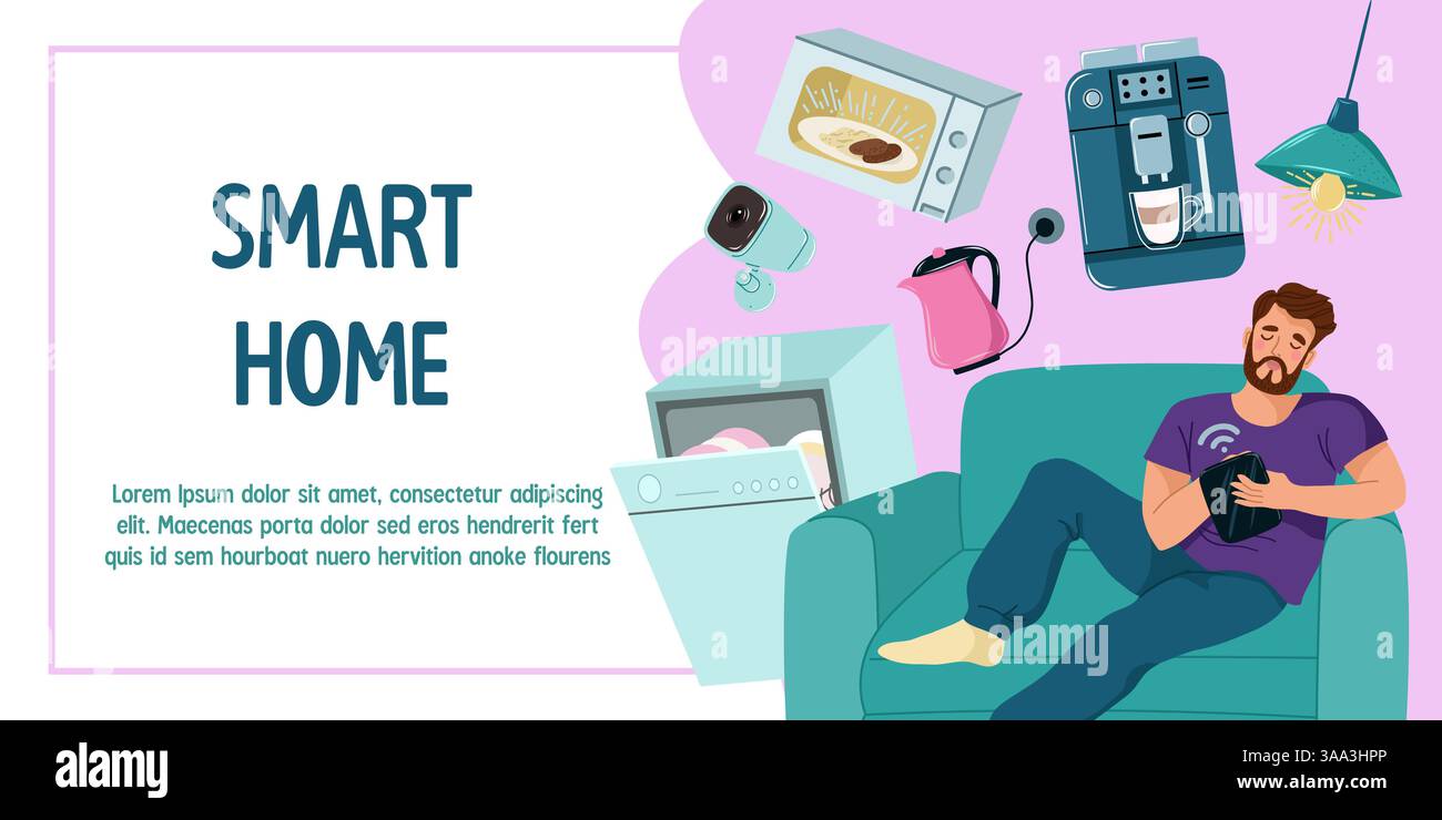 Smart Home Technology with Relaxed Man on Sofa Stock Vector Image & Art ...