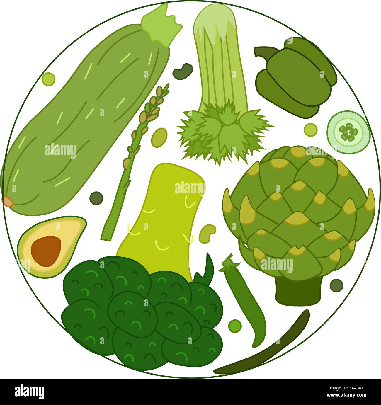 Farm fresh green vegetables, round shape composition form. Veggies ...