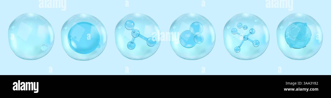 3D water drop. Circle cell. Blue DNA sphere or glass science droplet ...