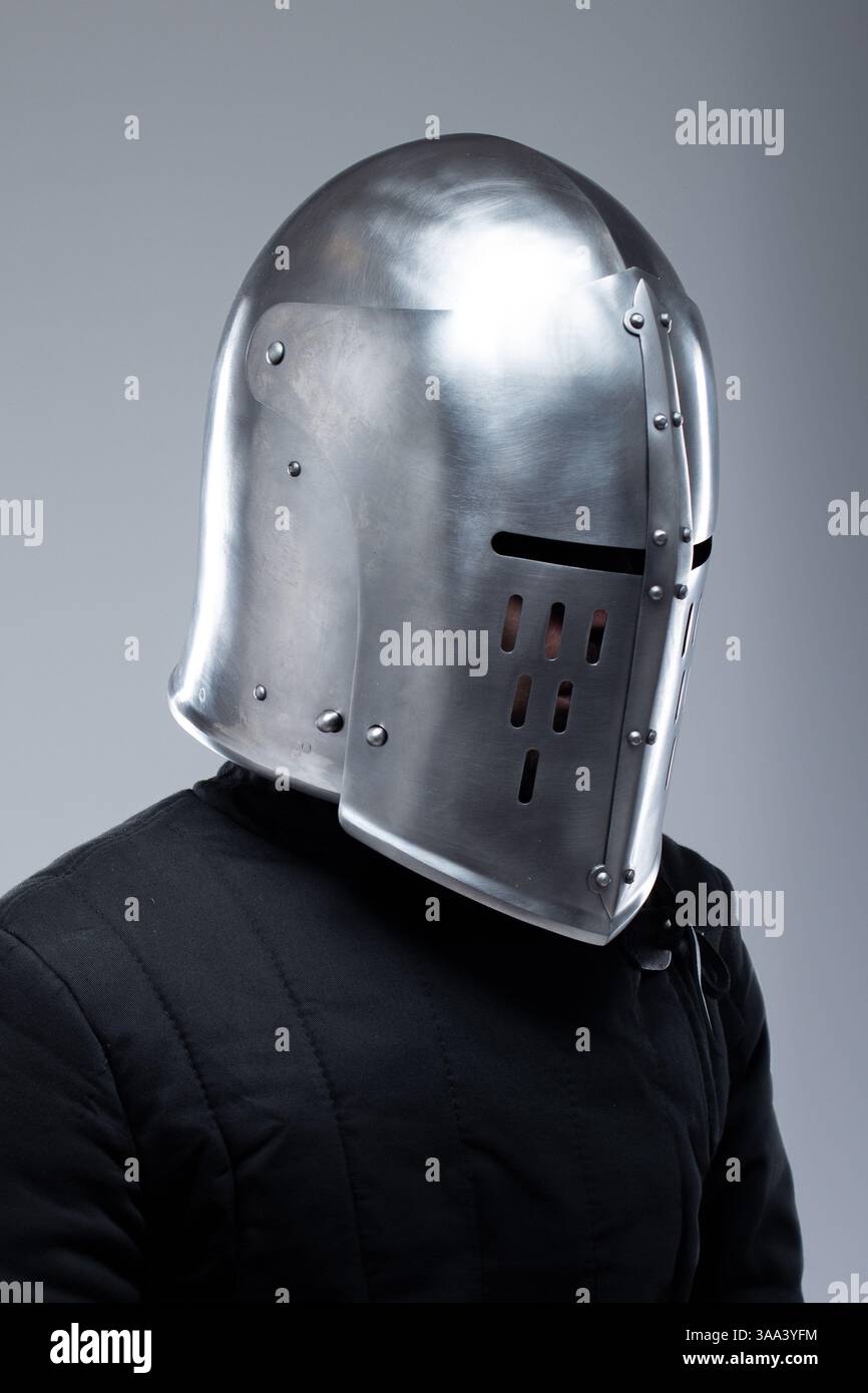 Closed Medieval Helmet with Slits. Polished silver helmet fully ...