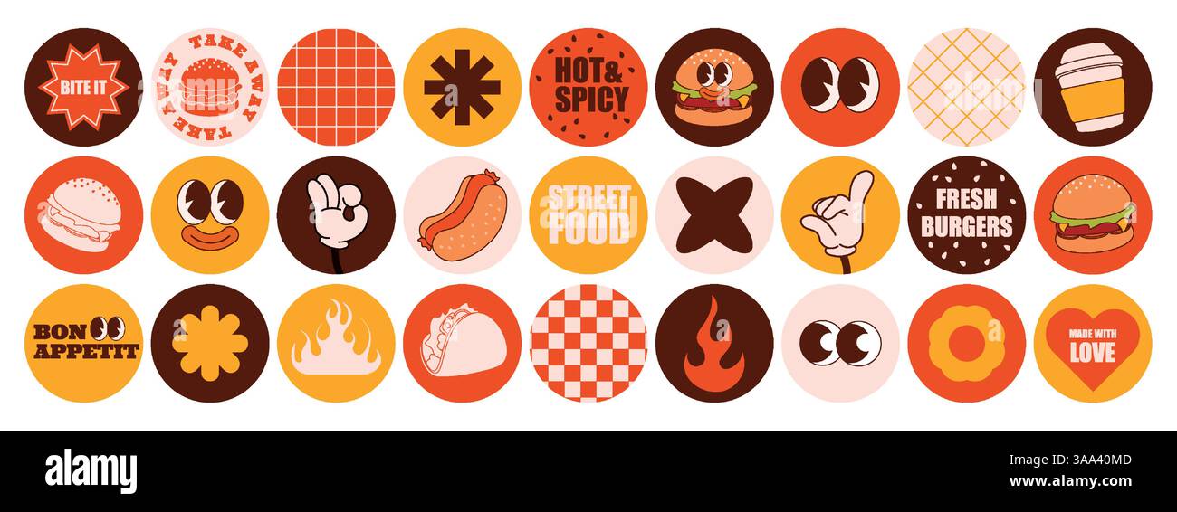 Food stickers. Retro burger characters, fast hamburger and coffee ...