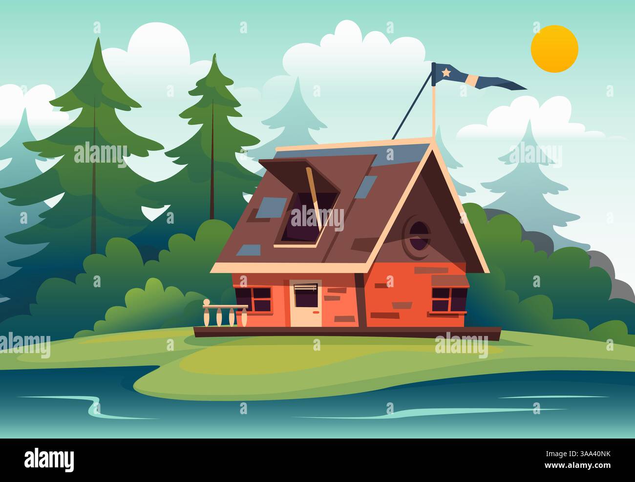 Home exterior. Real estate. Suburb house. Wild tree forest and river ...