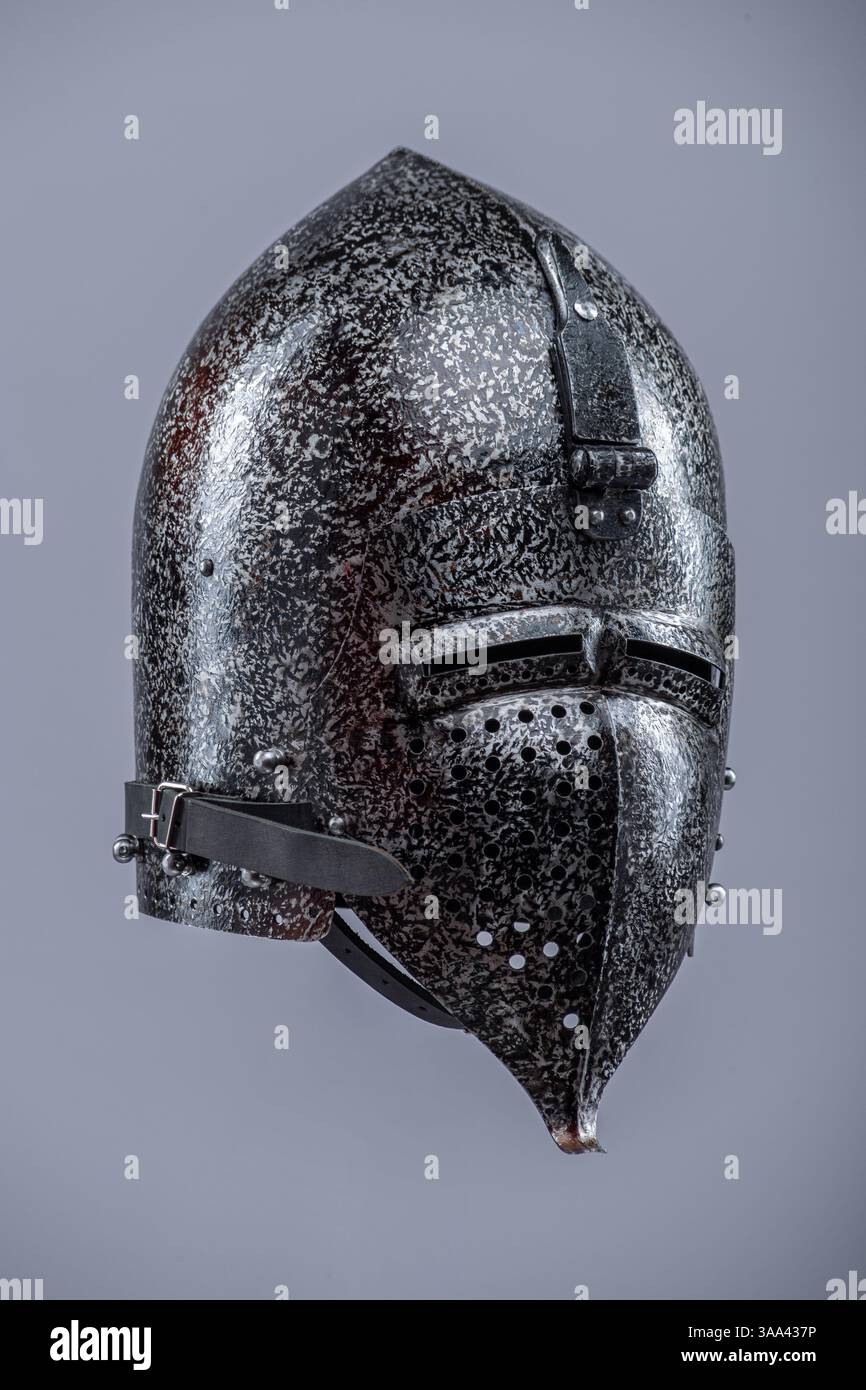 Medieval Knight Helmet with Visor. Polished metal head protection with ...