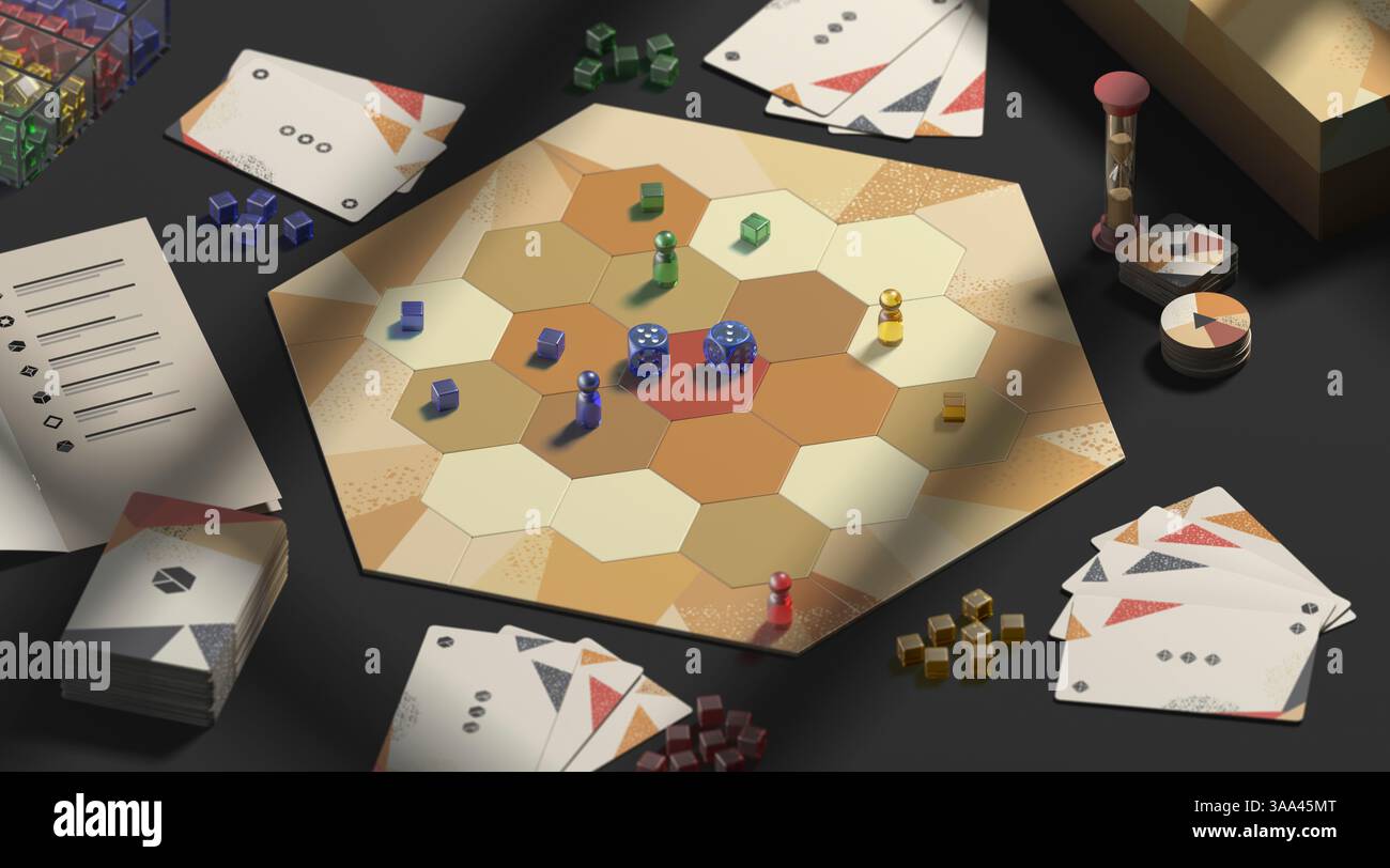 Colored board game field with chips, dice and cards mockup Stock Photo ...