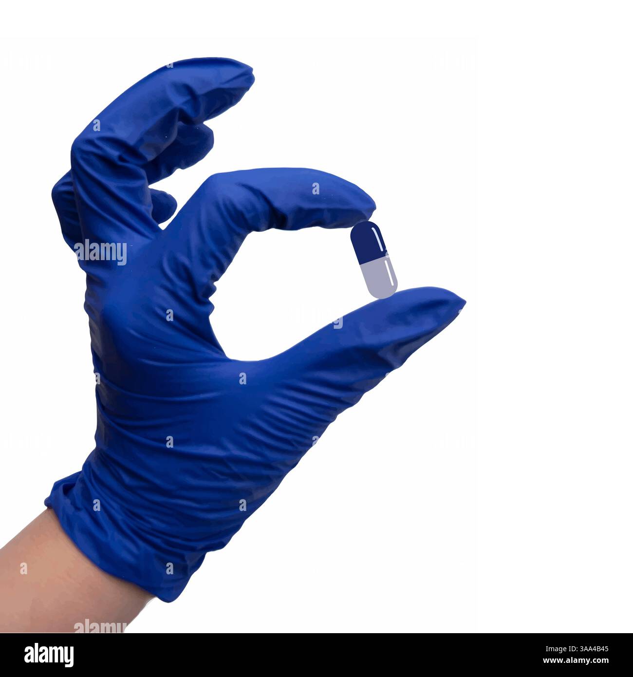 A hand in a glove holding a blue medical capsule. Medicine and ...