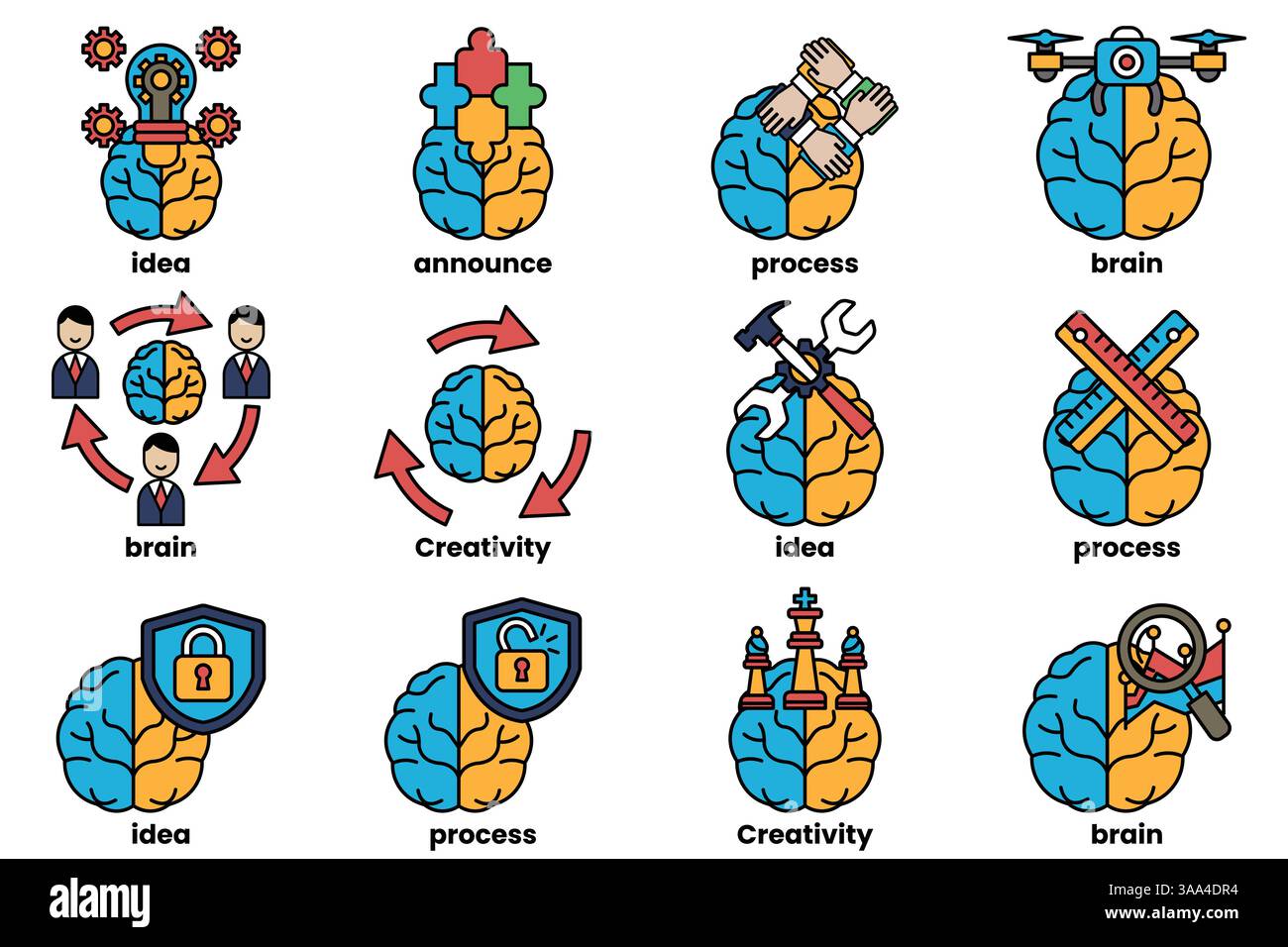A Set of illustrations in the concept of brain and things in line art ...