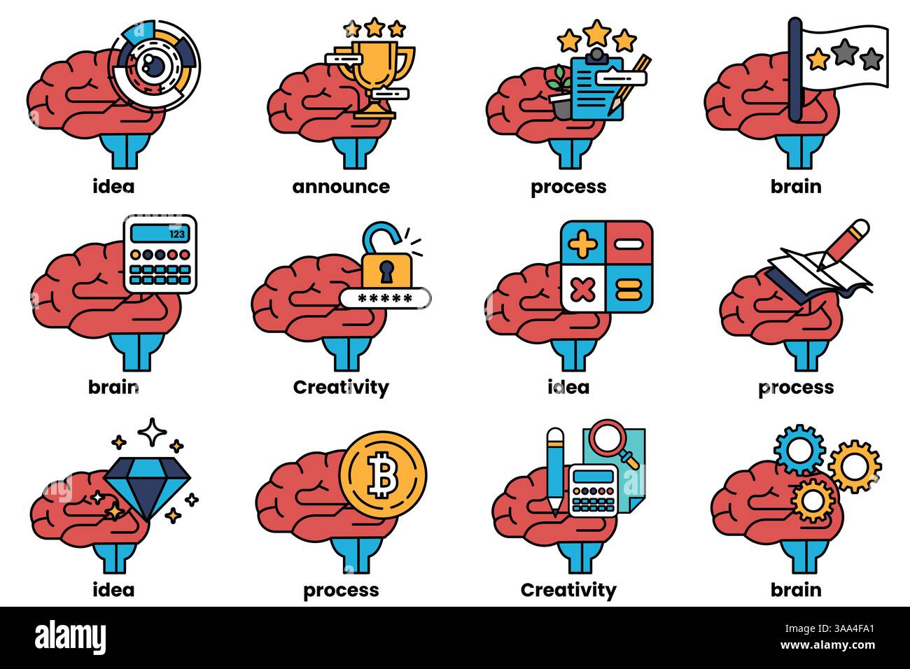A Set of illustrations in the concept of brain and things in line art ...