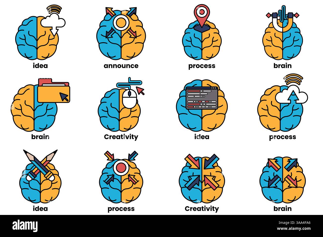 A Set of illustrations in the concept of brain and things in line art ...