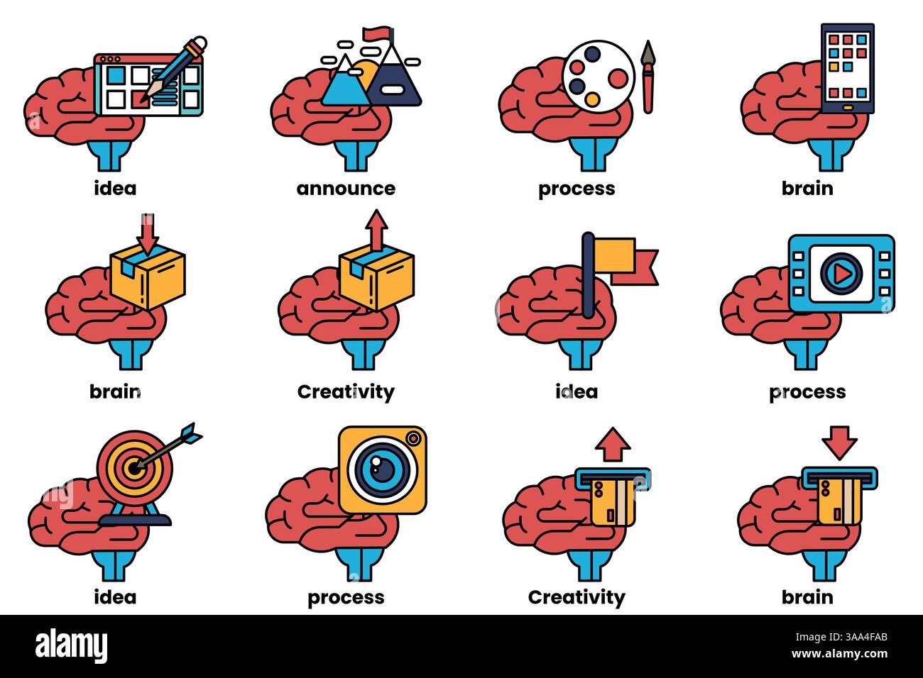 A Set of illustrations in the concept of brain and things in line art ...