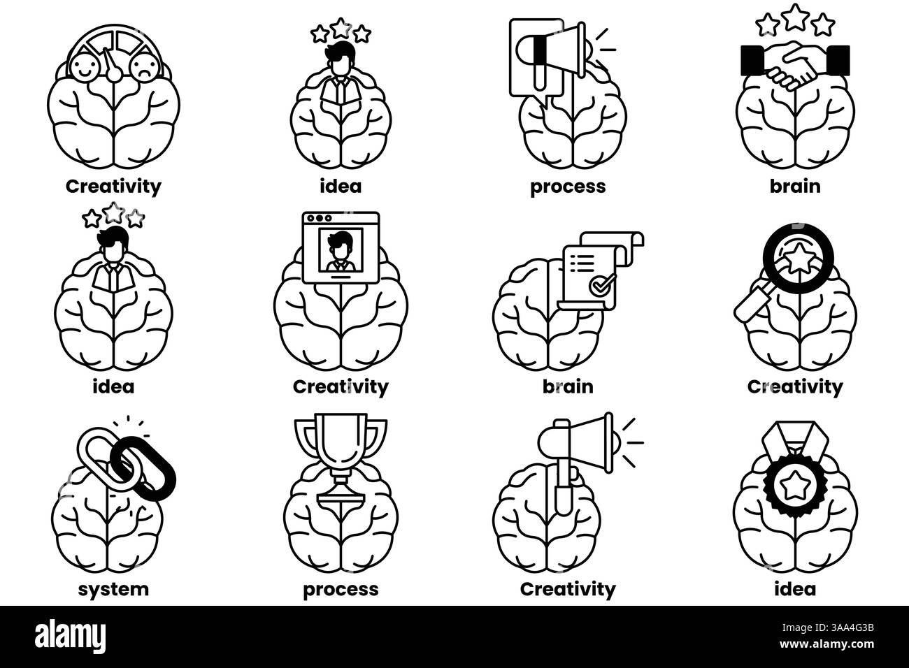A Set of illustrations in the concept of brain and things in line art ...