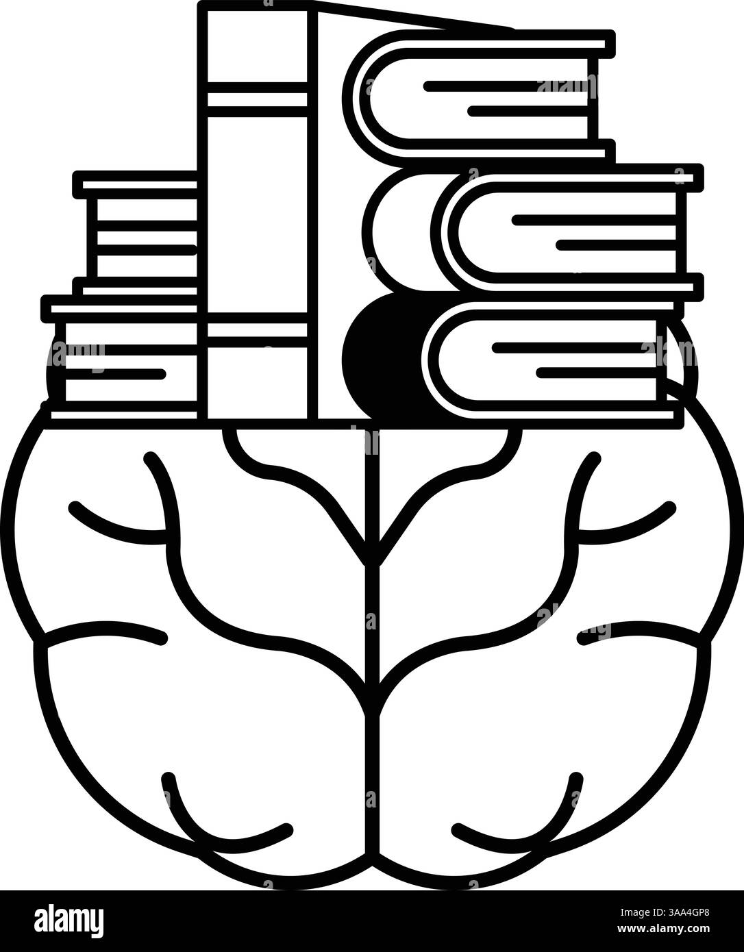 A brain with stacks of books on top of it. The brain is surrounded by the books and the books ...