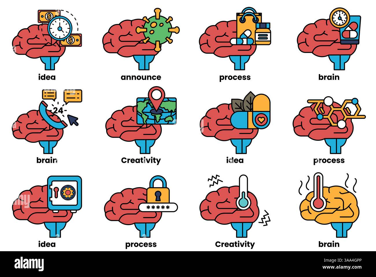 A Set of illustrations in the concept of brain and things in line art ...