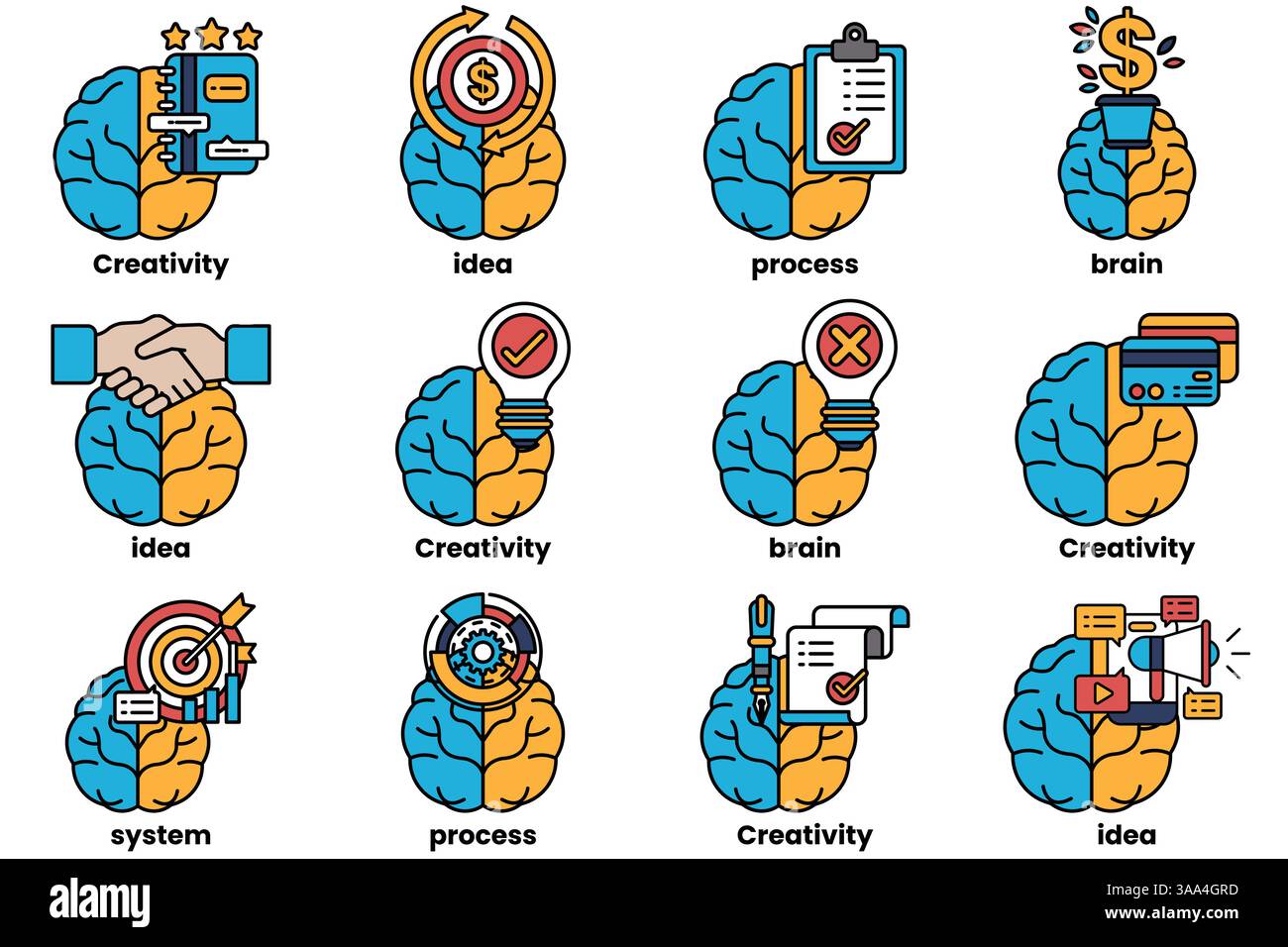 A Set of illustrations in the concept of brain and things in line art ...