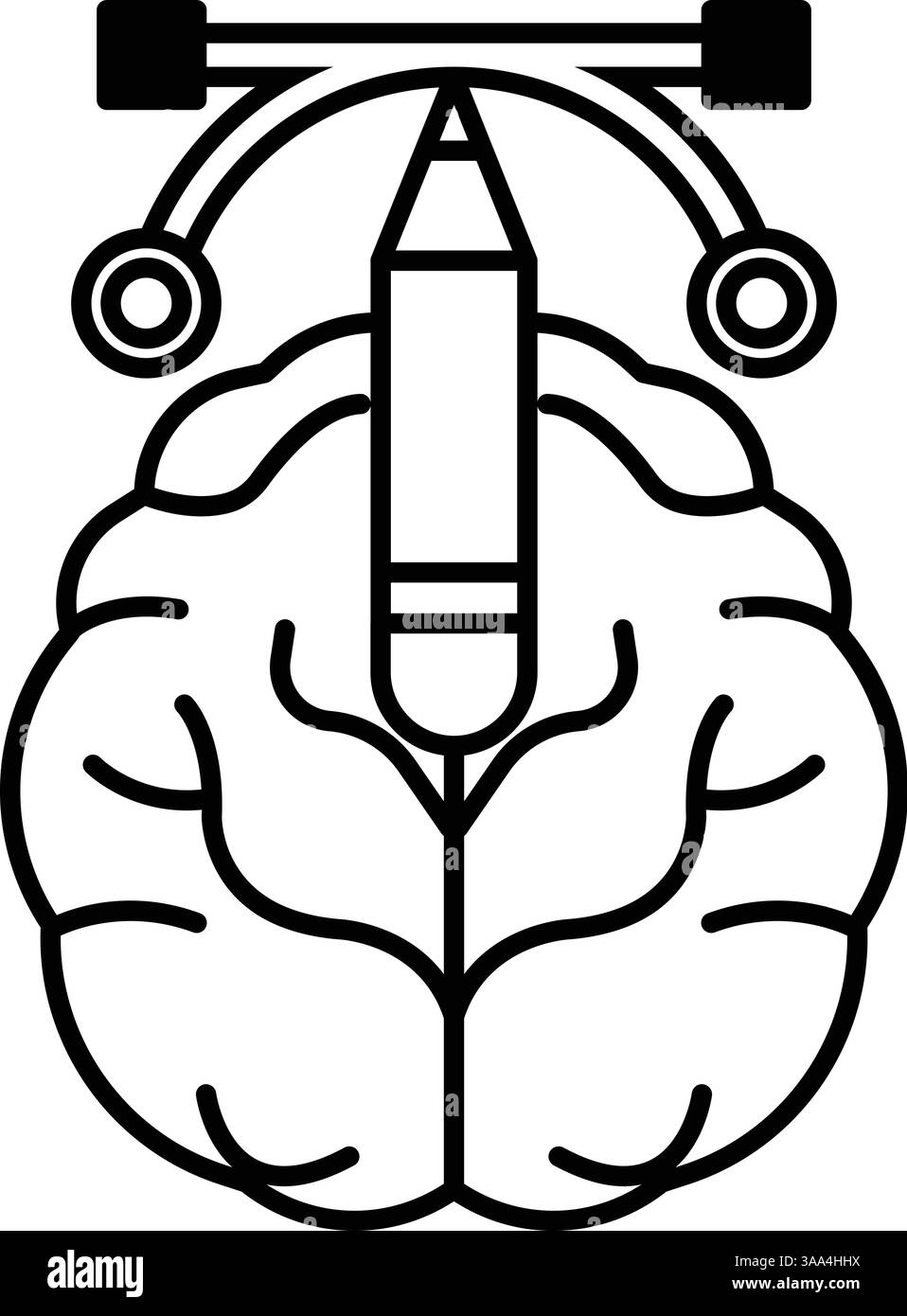A black and white drawing of a brain with a pencil in the middle of it ...