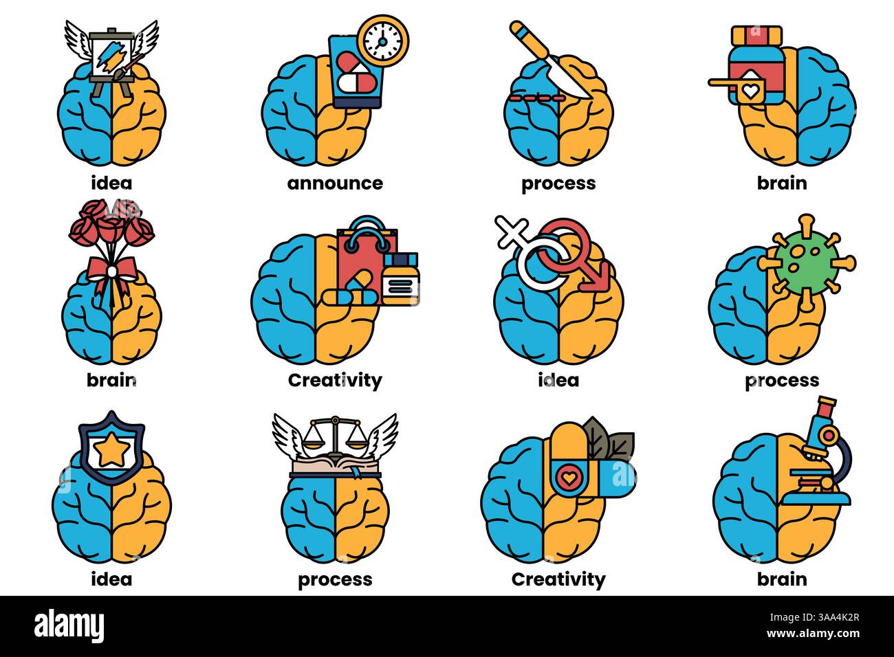 A Set of illustrations in the concept of brain and things in line art ...