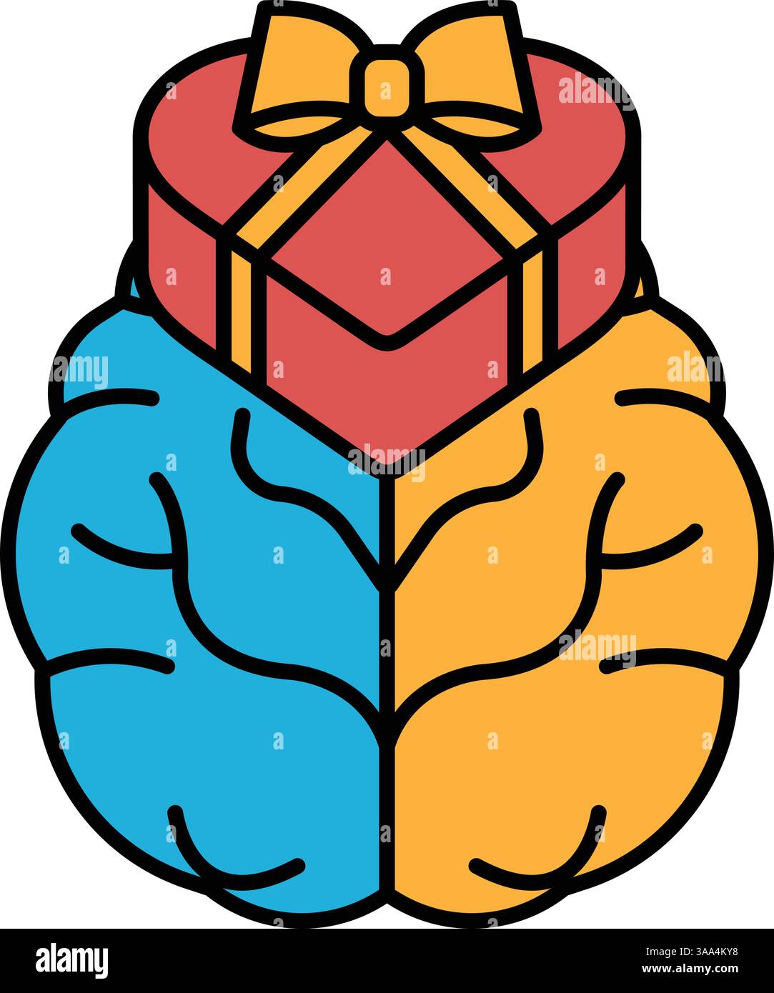 A brain with a red and blue heart on it. The brain is split in half ...