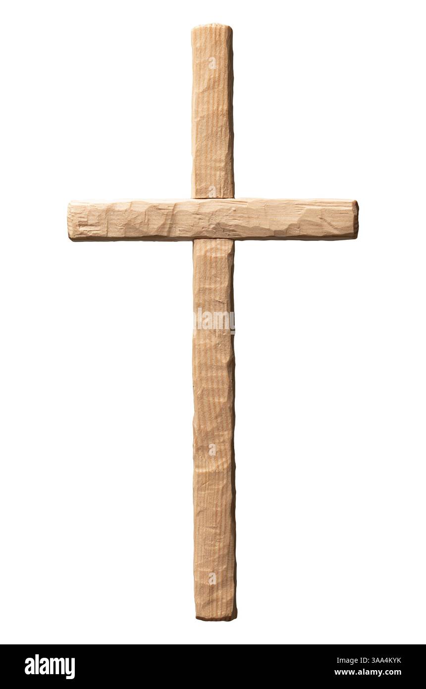 Simple wooden cross crafted from light-colored wood, displayed against ...