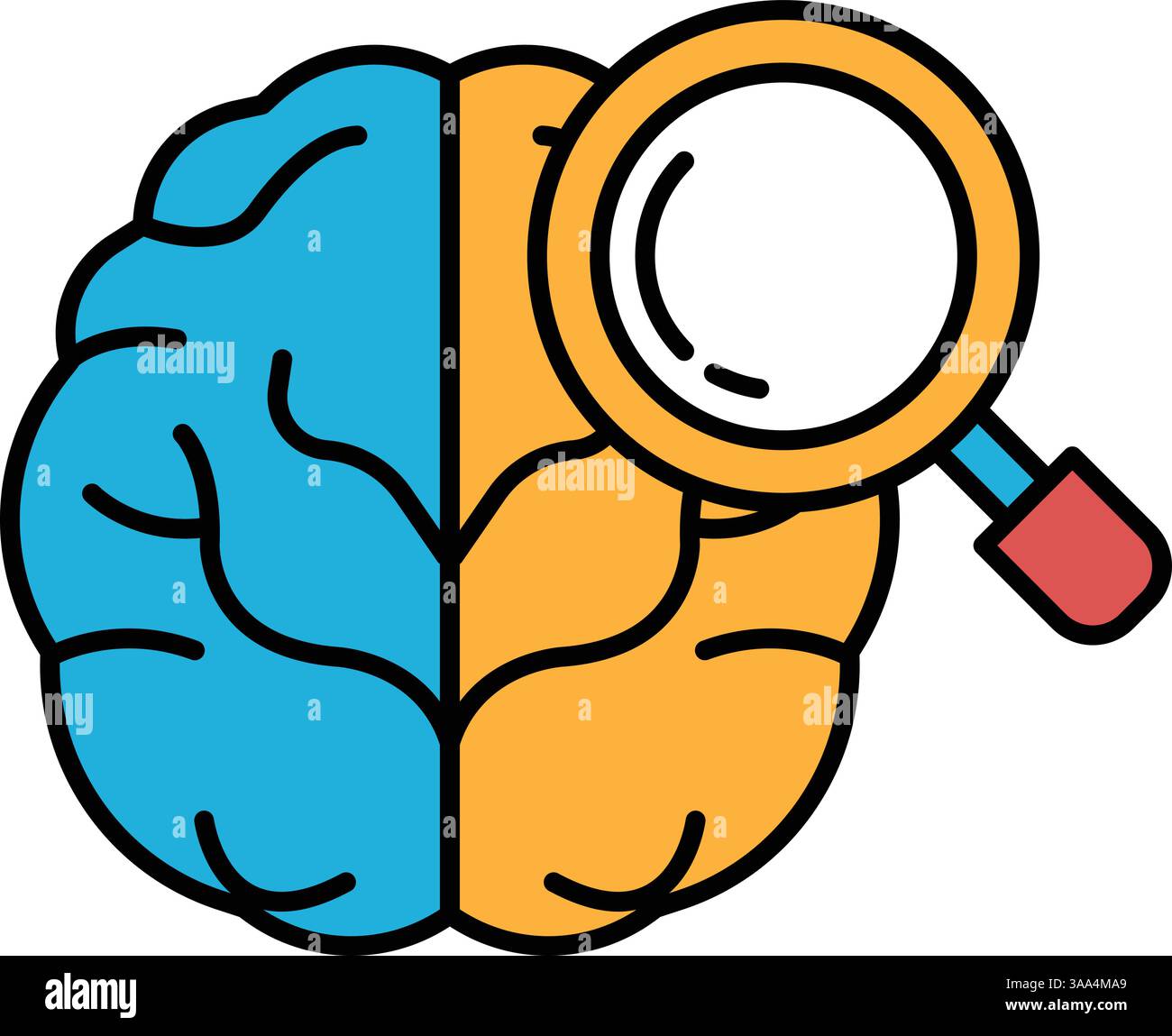 A brain with a magnifying glass on it. The brain is split into two ...
