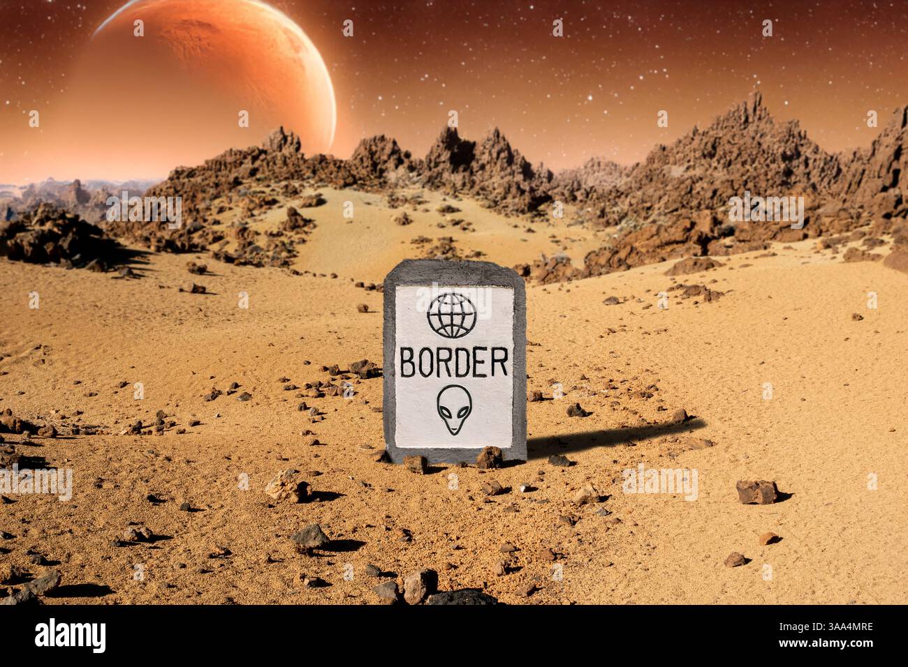 A boundary milestone with entity symbols on an inhospitable planet ...