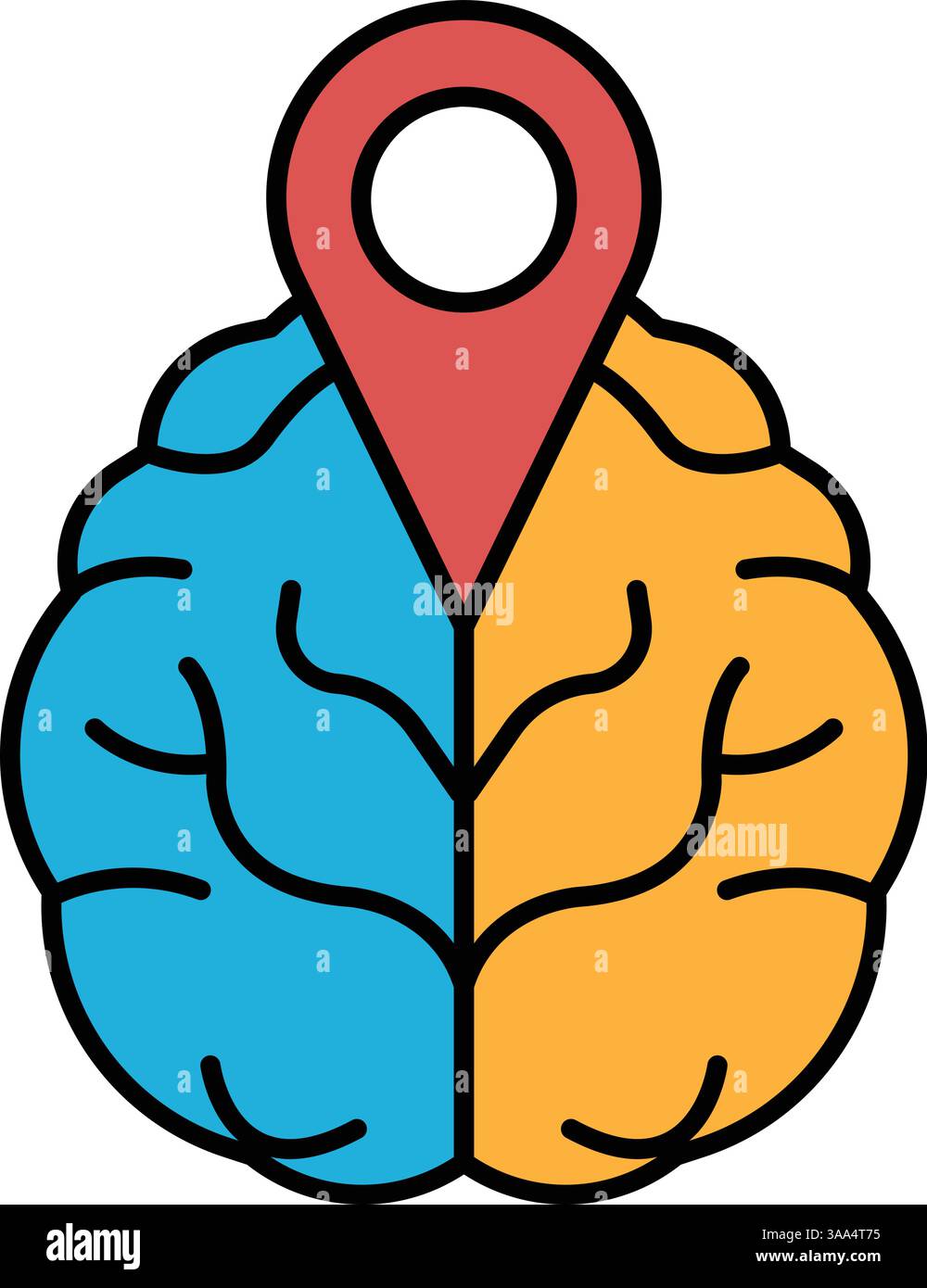 A brain with a red dot on it. The brain is split into two halves, one ...