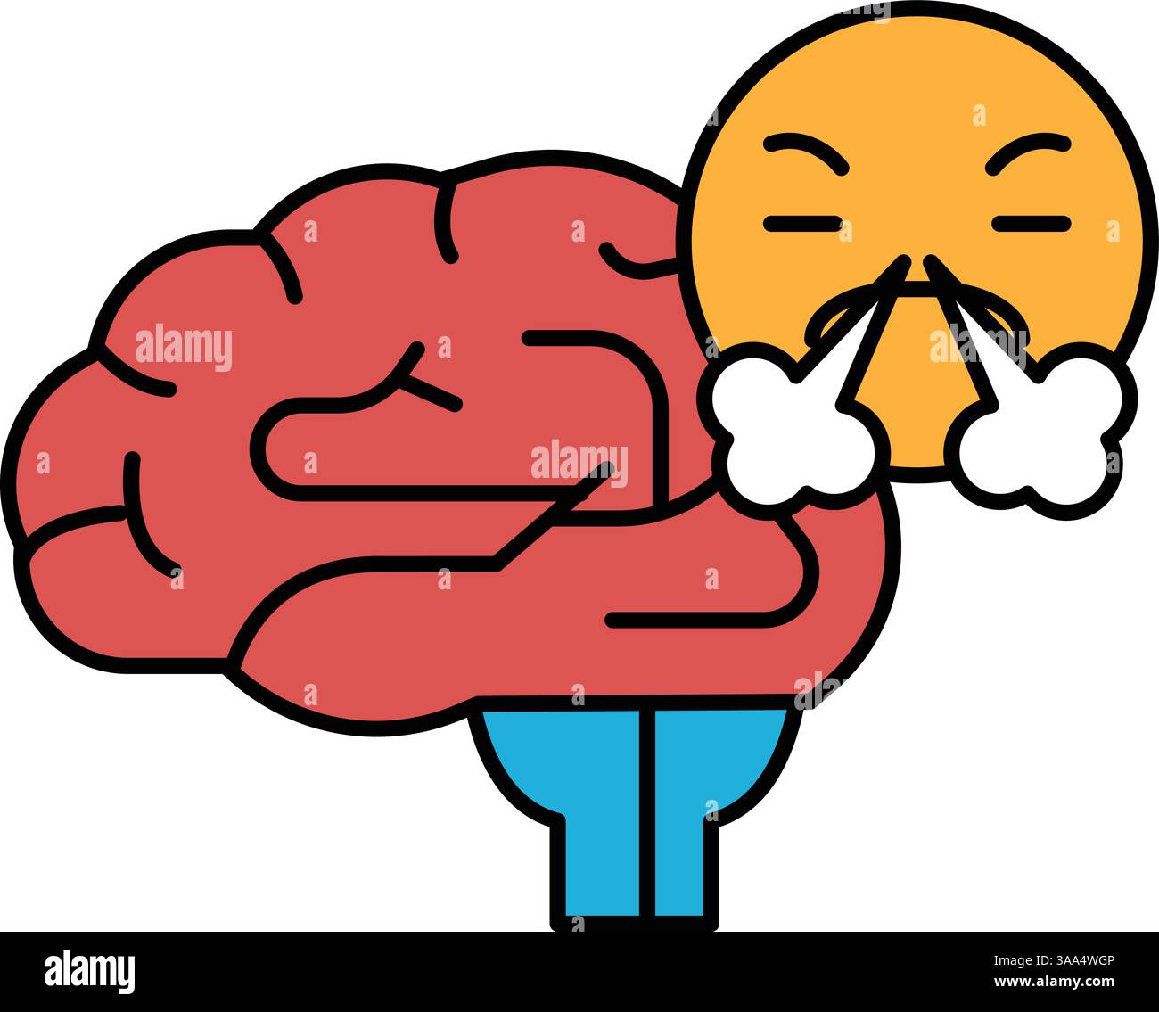 A cartoon brain with a red face and a red nose blowing its nose. The ...