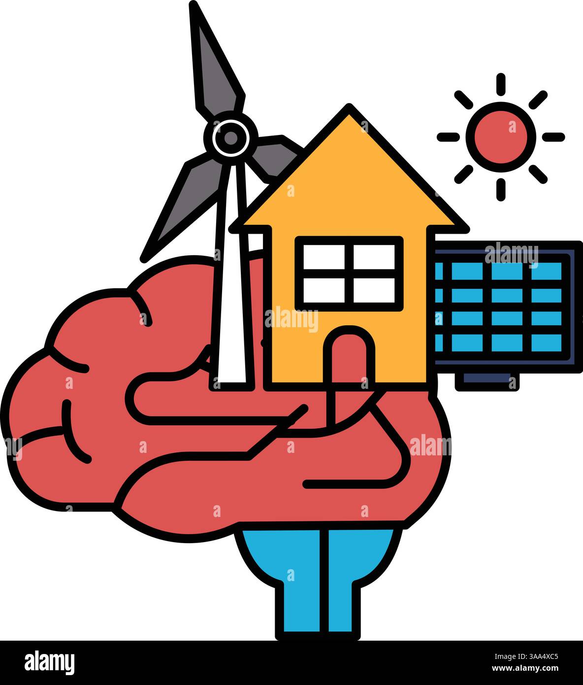 A brain holding a house and a wind turbine. The brain is red and yellow ...