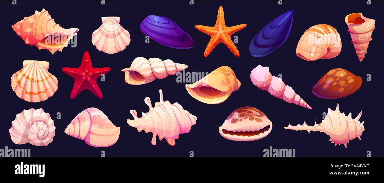 Cartoon seashells, mussels and starfish of vector ocean beach shellfish ...