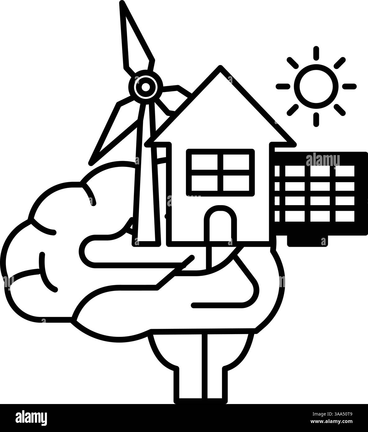 A black and white drawing of a brain holding a house and a wind turbine ...