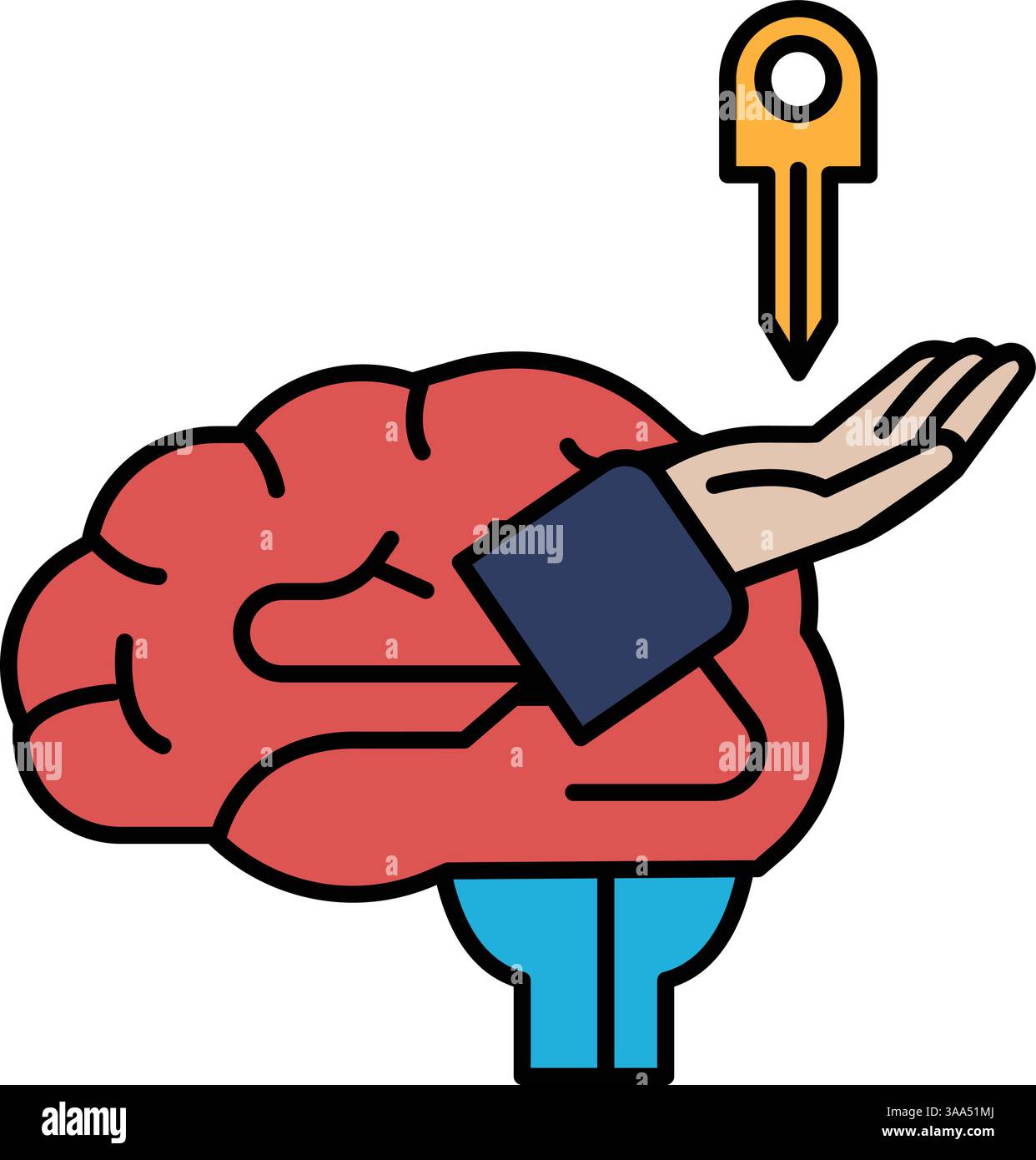 A cartoon drawing of a brain with a key in its hand. Concept of ...