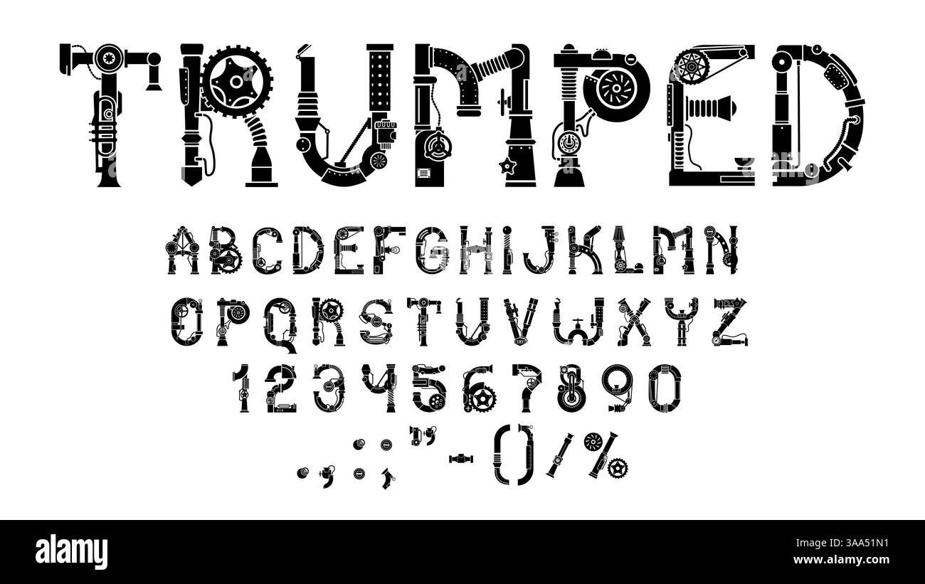 Steampunk font, mechanic type, machine gear english alphabet typeface ...
