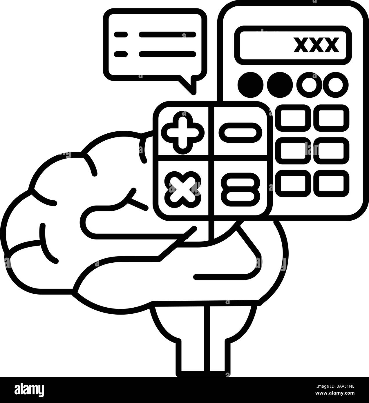 A brain is holding a calculator and a piece of paper with the numbers 1 ...