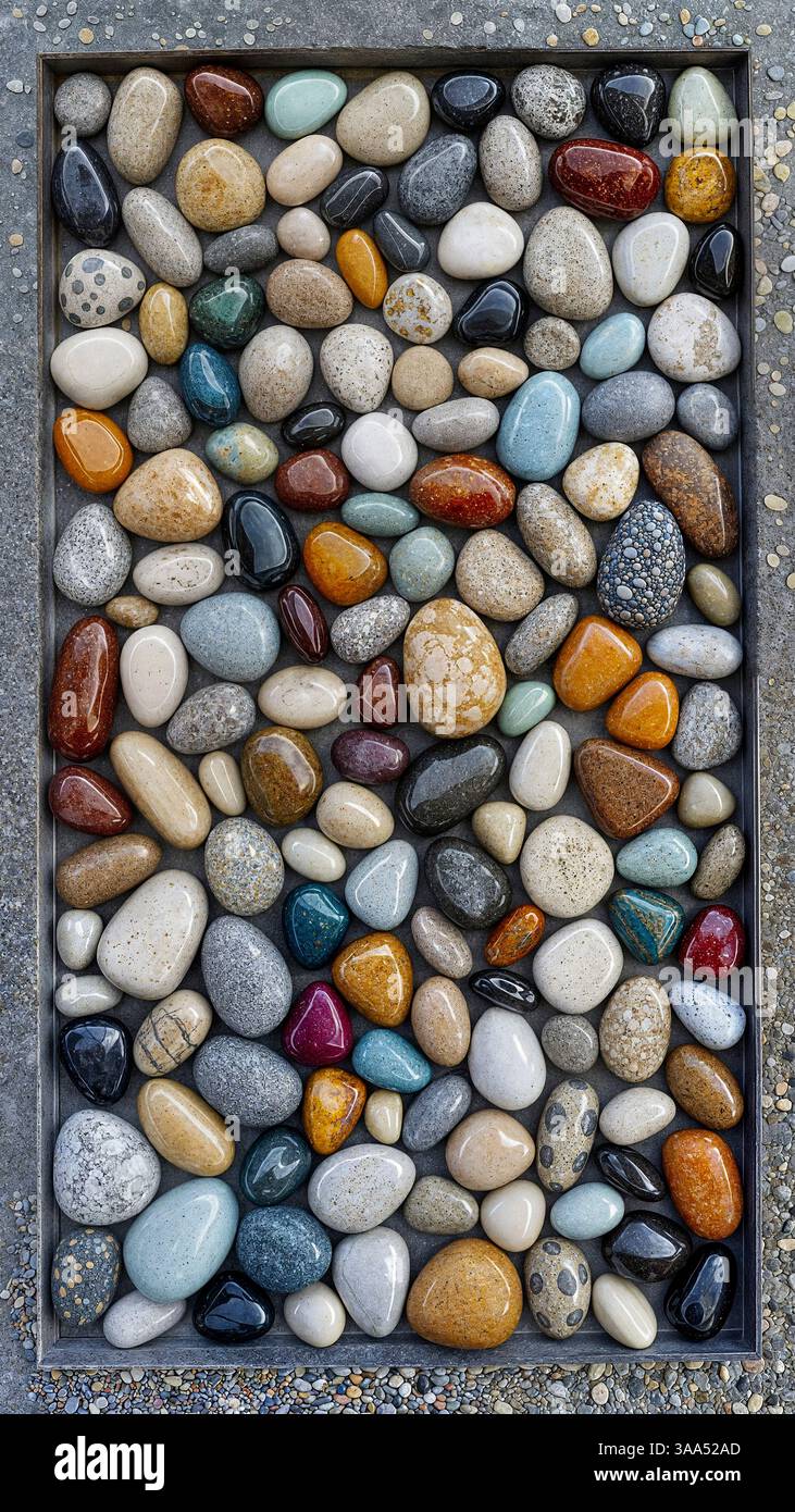 CONTEMPORARY DESIGN: Arrangement of colourful pebbles arranged in a box ...