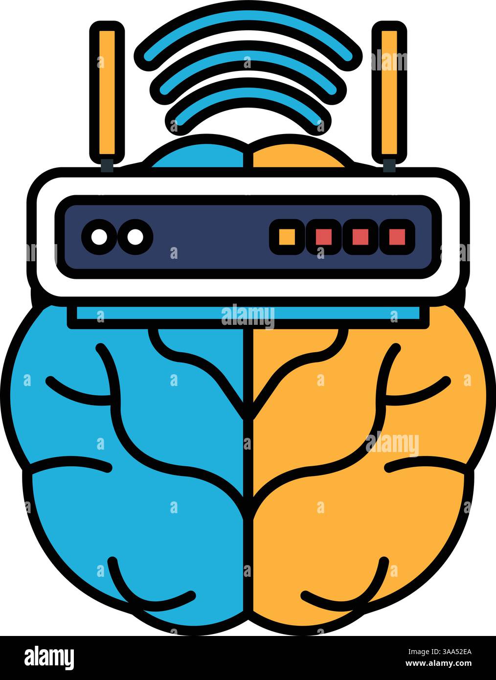 A brain with a wifi router in the middle. The brain is split into two ...