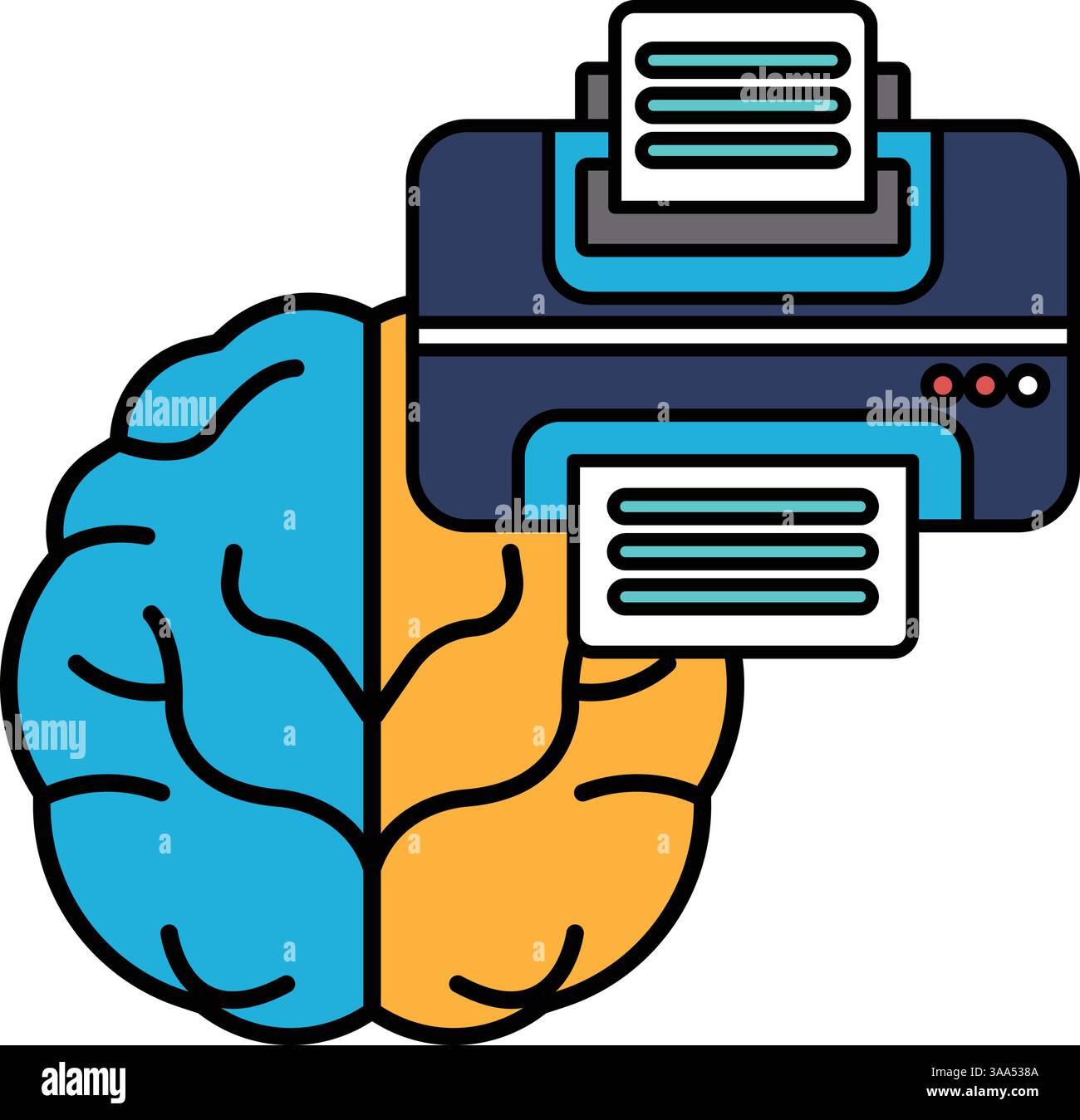A brain and a printer are shown together. The brain is blue and orange ...