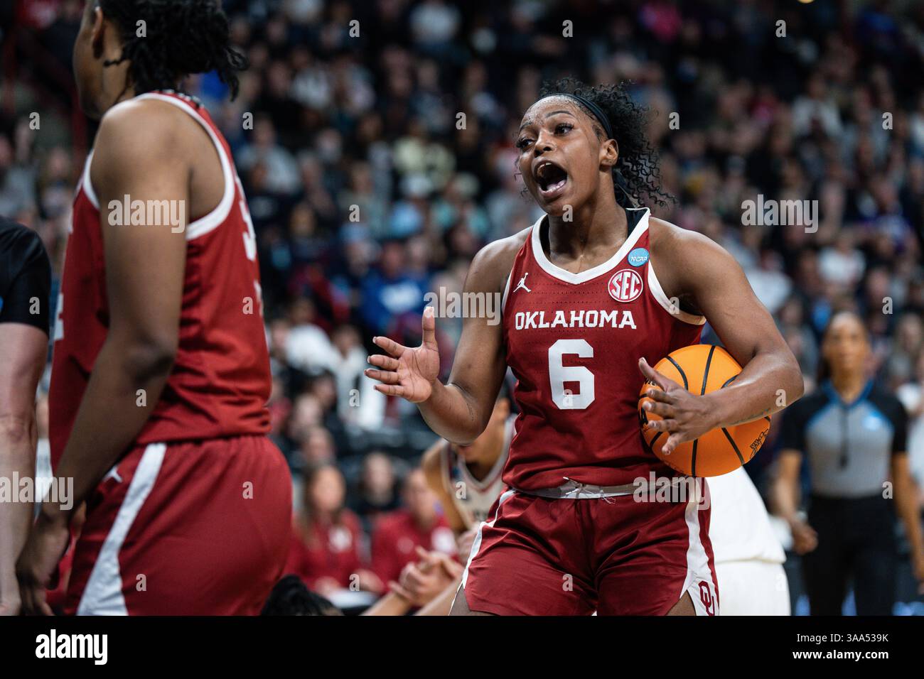 Oklahoma Sooners forward Sahara Williams (6) reacts during the NCAA ...